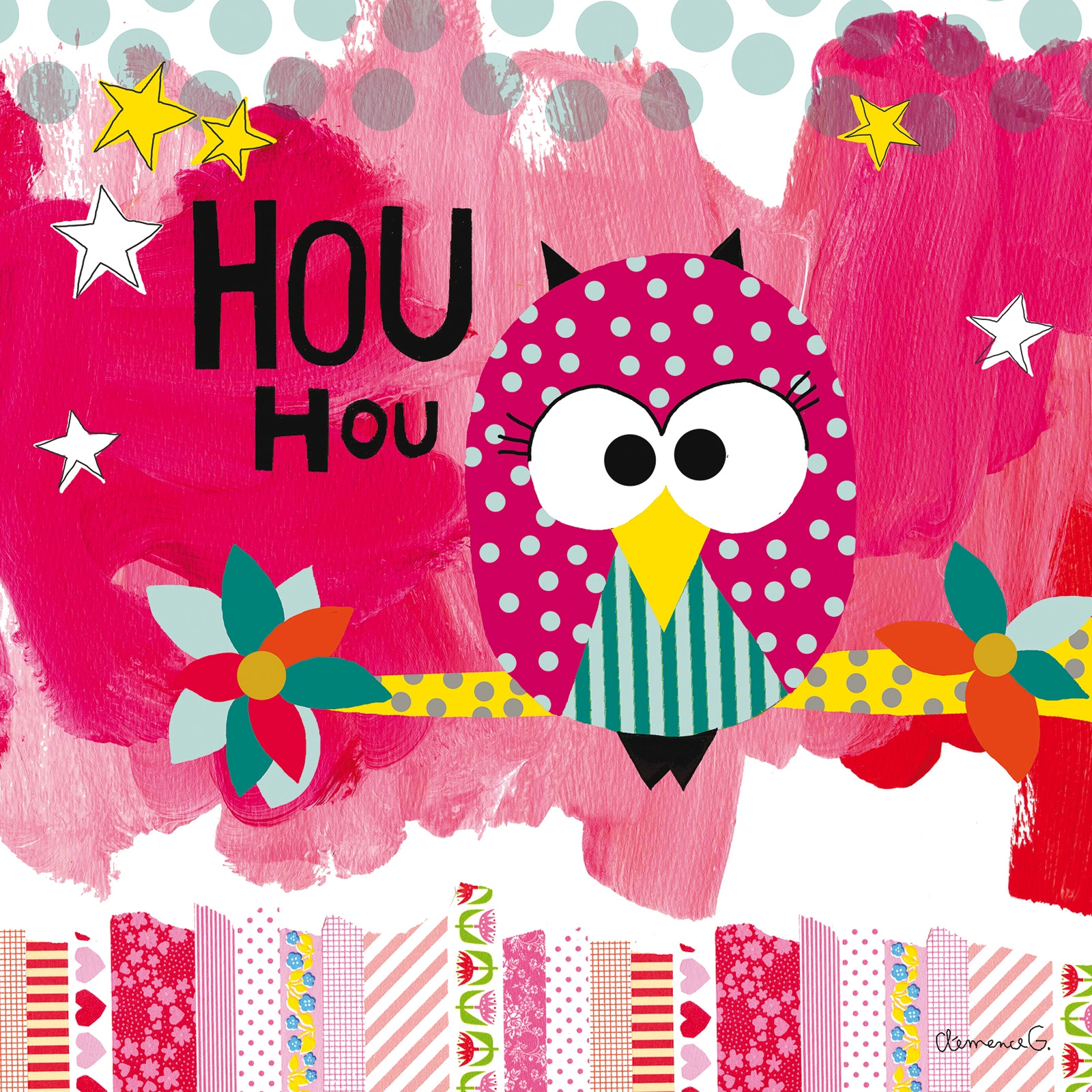 Tableau Les Hiboux by Clémence G. Chouette rose (40 x 40